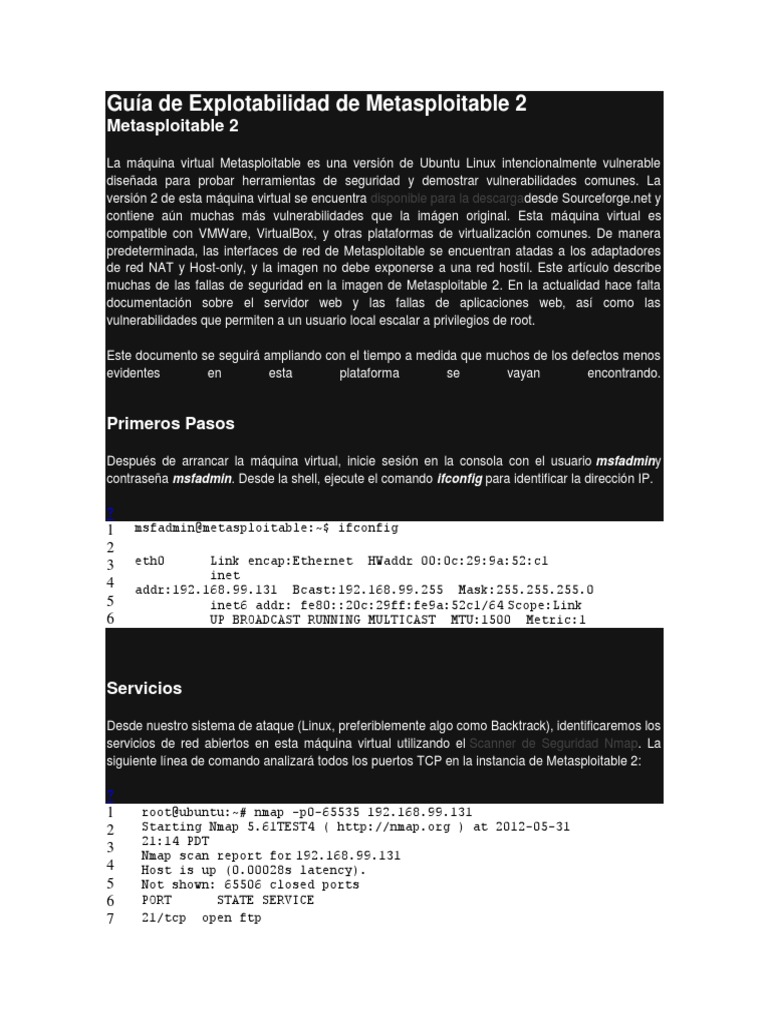 Guía de Explotabilidad de Metasploitable 2 | PDF | Protocolo de Control ...