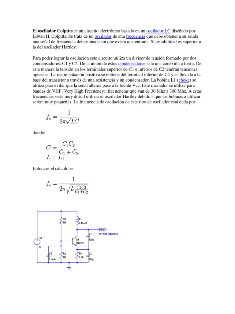 El Oscilador Colpitts Es Un Circuito Electrónico Basado en Un Oscilador ...