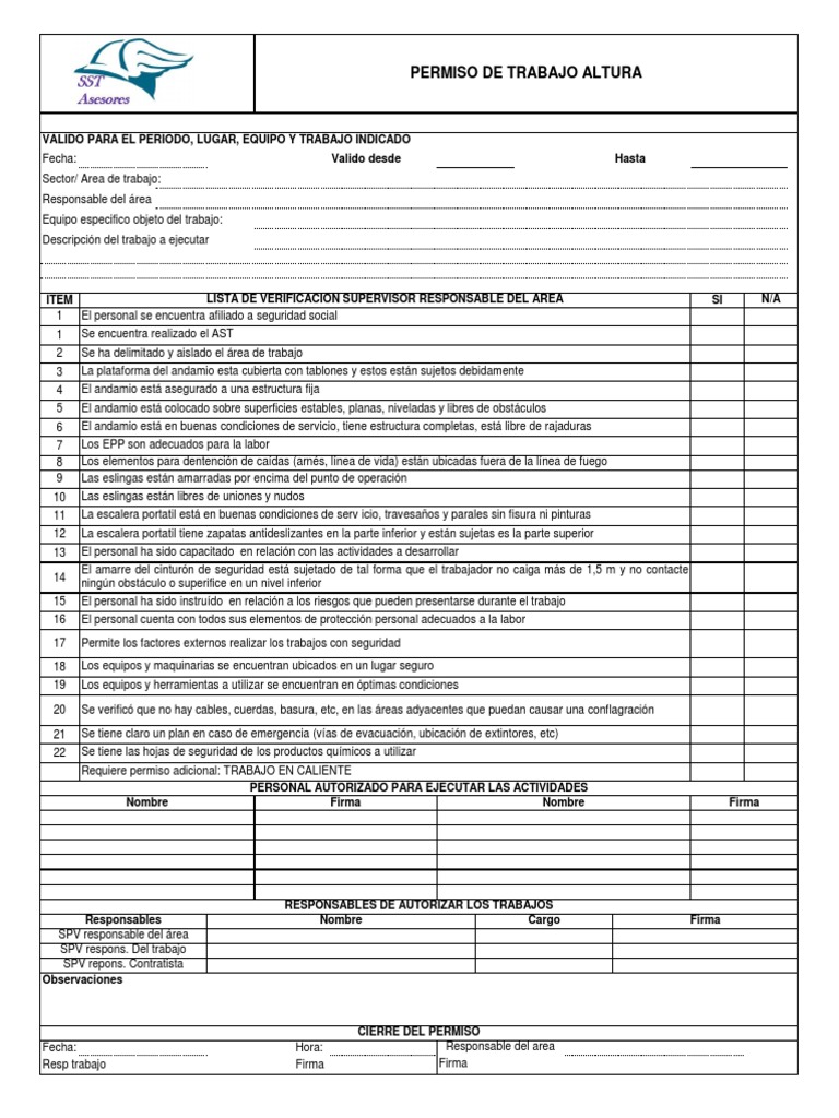 Formato De Permiso De Trabajo En Alturas Word - Form example download