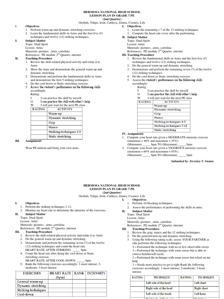 Lesson Plans in Physcal Education | PDF | Physical Education | Heart Rate