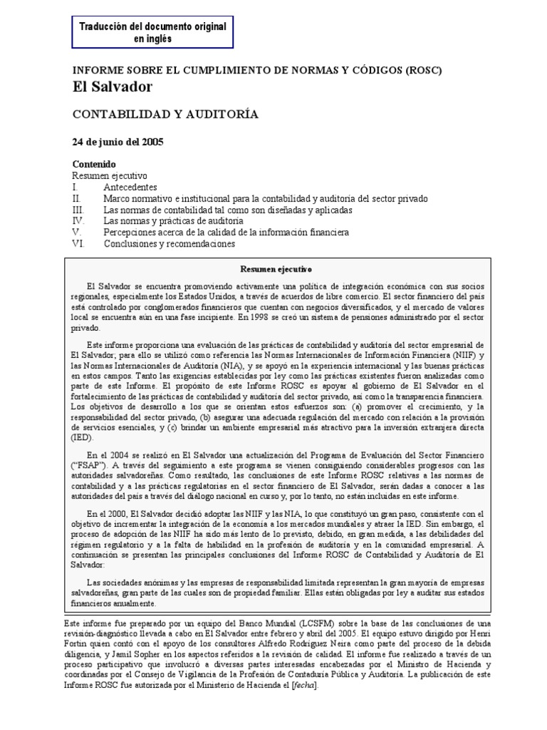 Informe ROSC Spanish Final Info Bco Mundial EL SALVADOR | PDF | normas internacionales de ...