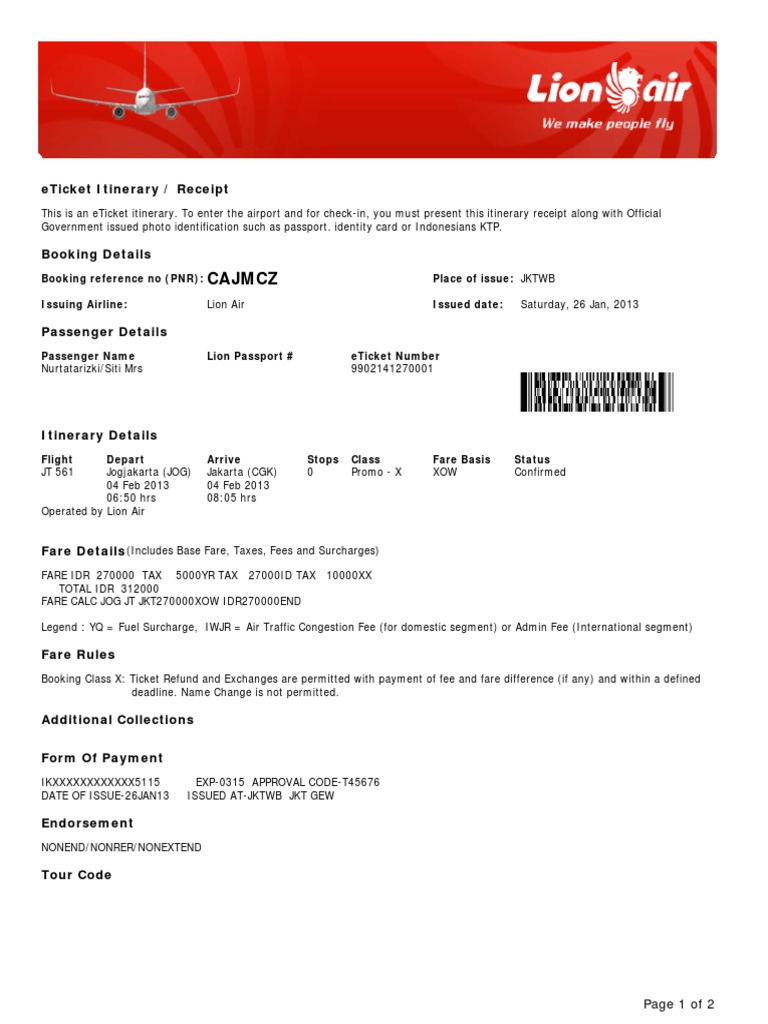 Lion Air eTicket Itinerary Details | PDF | Fee | Ticket (Admission)