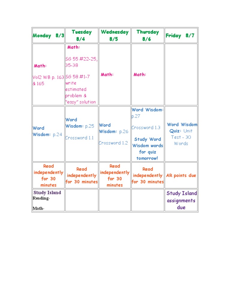 Weekly Homework Schedule: Math & Reading | PDF