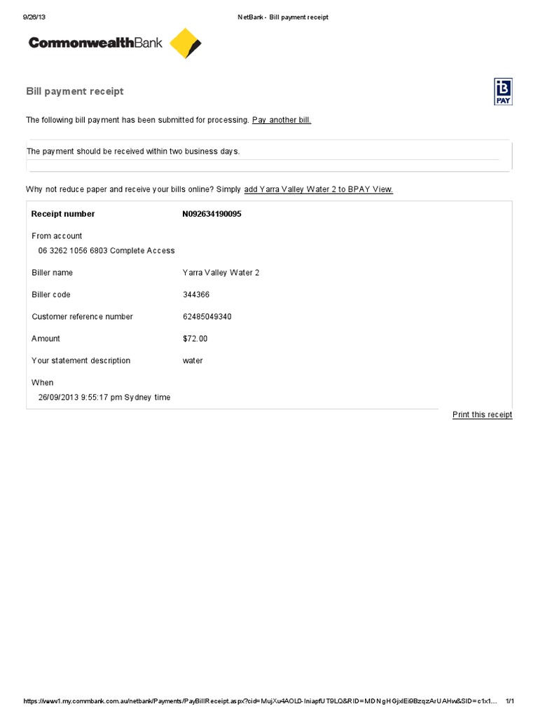 Yarra Valley Water Payment Receipt | PDF