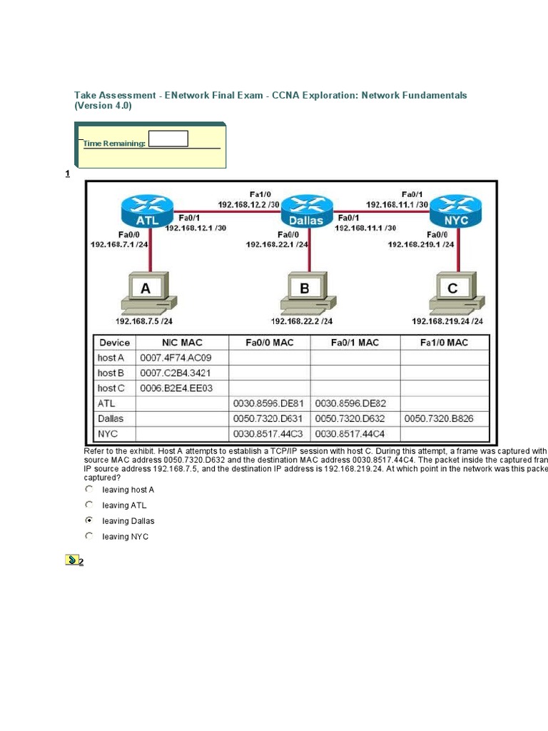 Take Assessment - Enetwork Final Exam - Ccna Exploration: Network Fundamentals (Version 4.0 ...