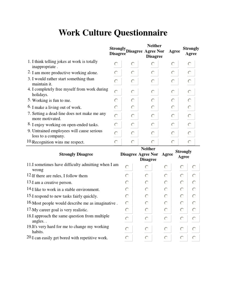 Work Culture Assessment Questionnaire | PDF | Employment | Motivation