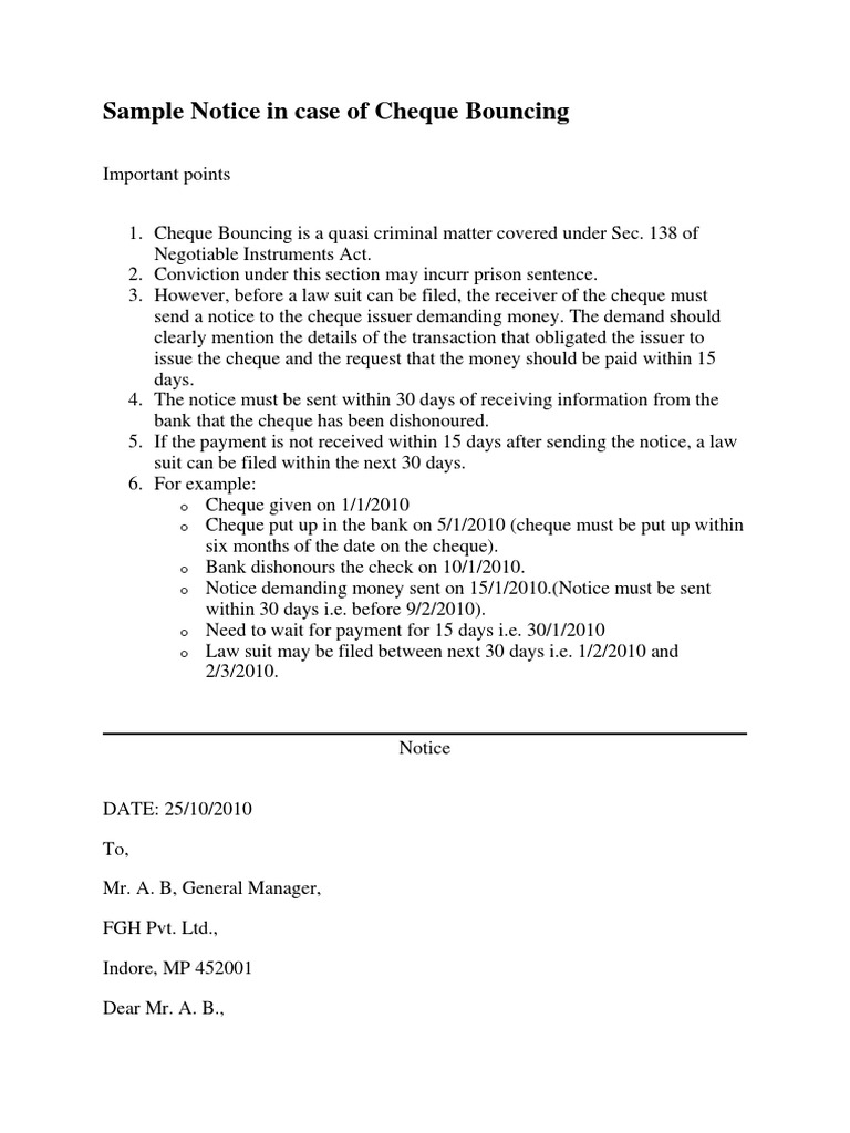 Sample Notice in Case of Cheque Bouncing | PDF | Finance & Money Management