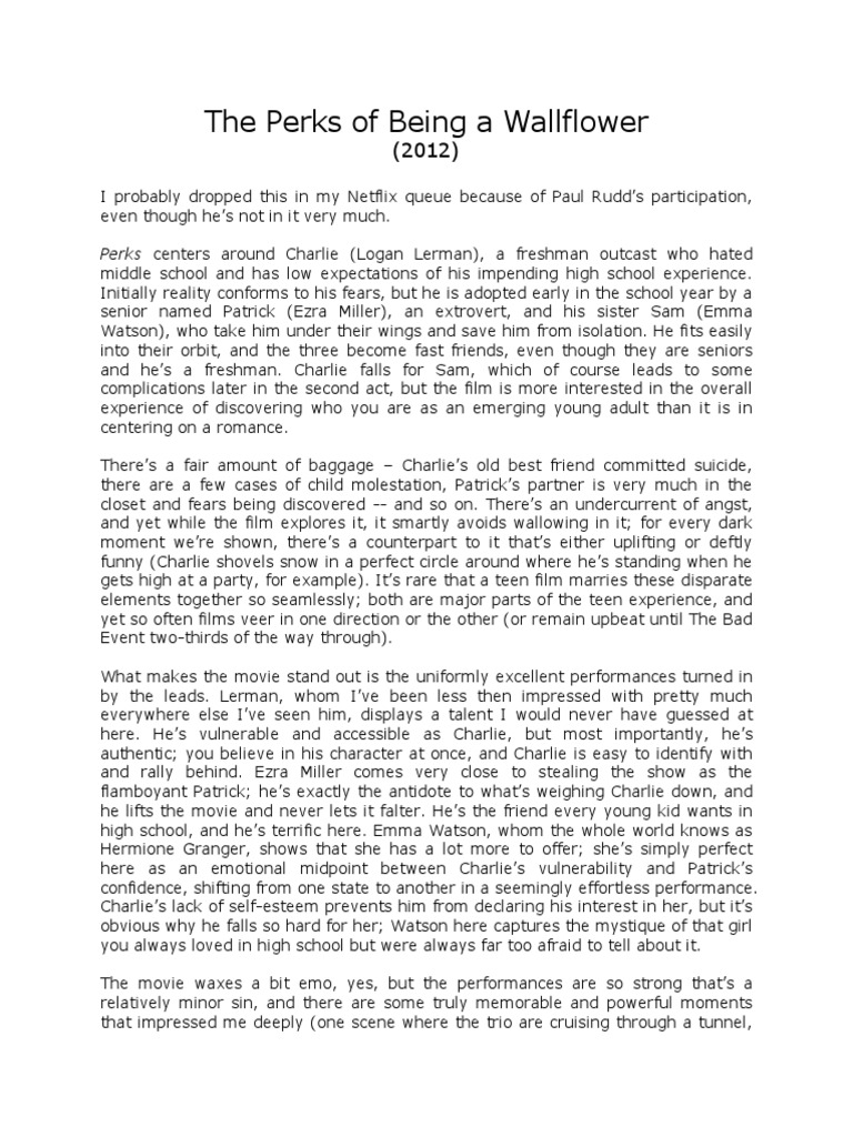 The Perks of Being A Wallflower Movie Review | PDF | Leisure