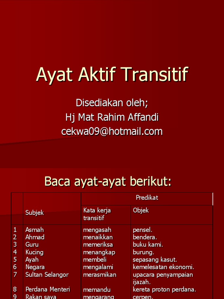 Contoh Ayat Aktif Transitif Tahun 4