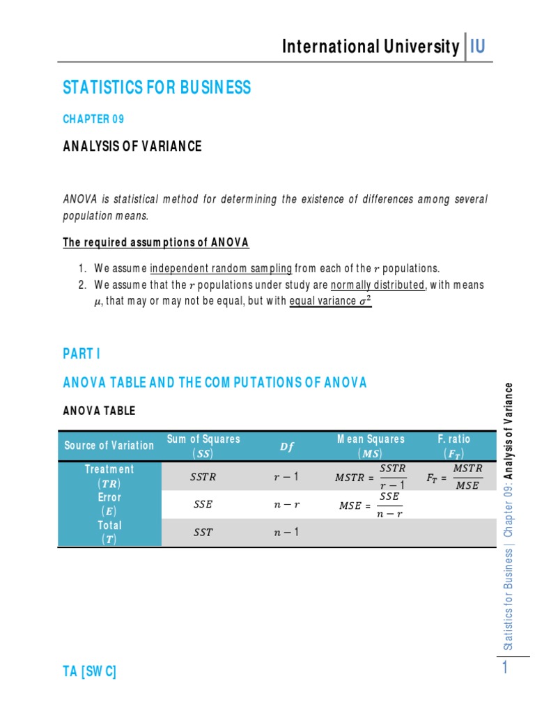 Statistics For Business - Chap09 - Anova PDF | PDF | Analysis Of Variance | Errors And Residuals