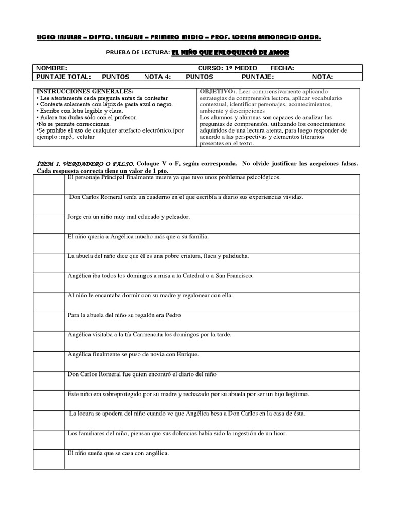 Prueba El Niño Que Enloquecio de Amor | PDF | Lectura (proceso) | Amor