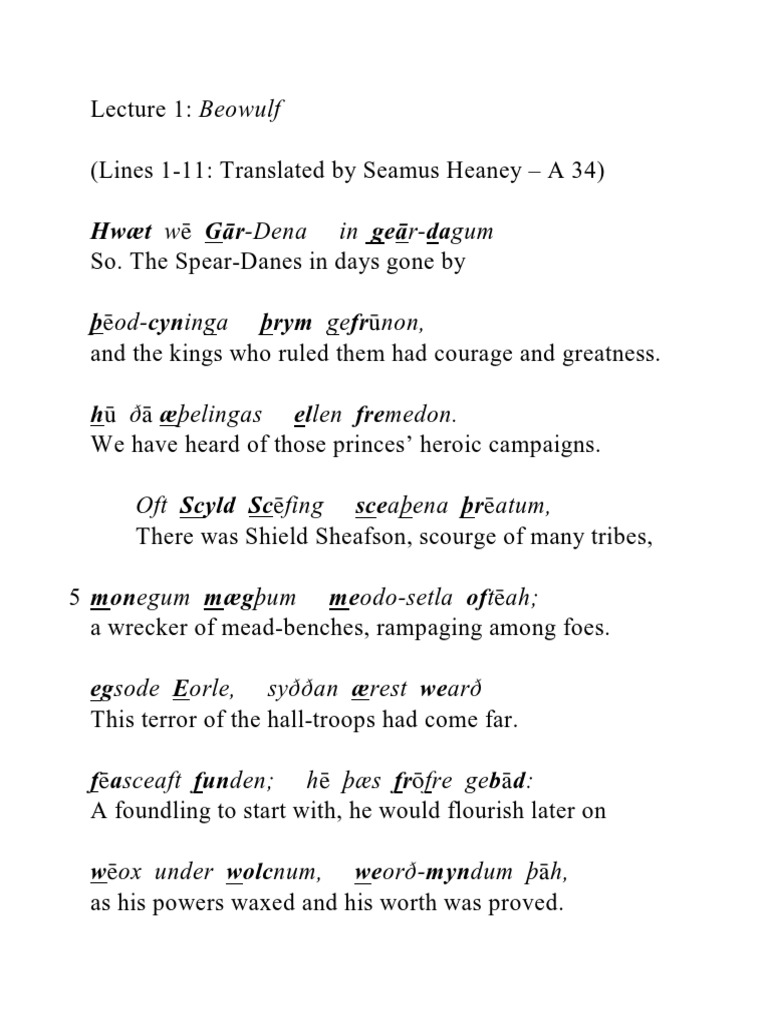 Hwæt W Gâr-Dena in Geâr-Dagum: Oft Scyld SC Fing Sceaþena ÞR Atum | PDF ...