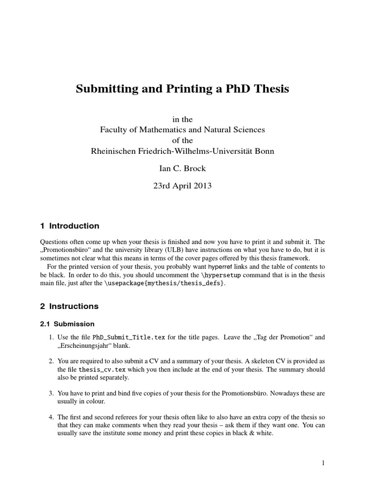 Submitting and Printing A PHD Thesis | PDF | Te X | Thesis