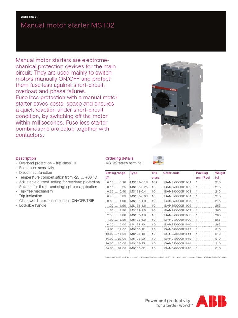 Manual Motor Starter MS132: Data Sheet | PDF | Fuse (Electrical) | Switch