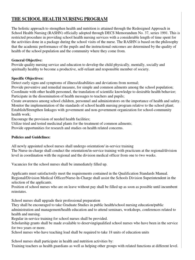 The School Health Nursing Program | PDF | Nursing | Health Education
