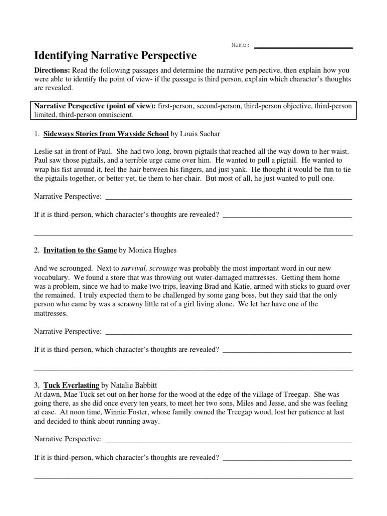 Identifying Narrative Perspective Worksheet | PDF | Narration ...