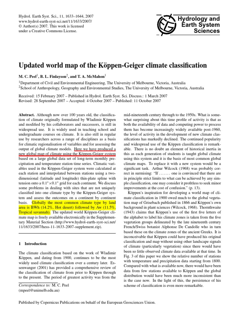 Updated World Map of The Koppen-Geiger Climate Classification | PDF ...
