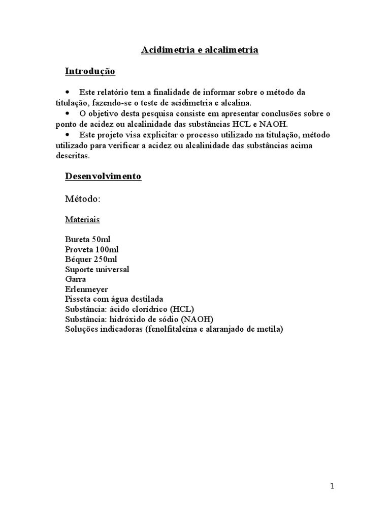 Acidimetria e Alcalimetria | PDF | Ácido clorídrico | Titulação