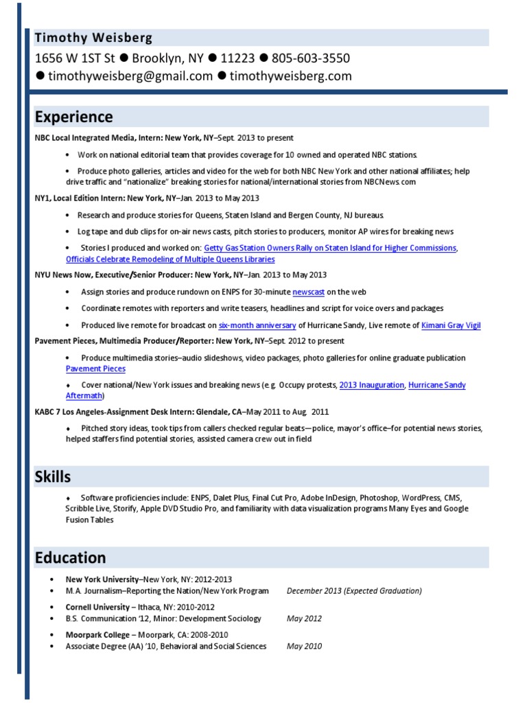 Timothy Weisberg - Resume | PDF | New York City | Nbc