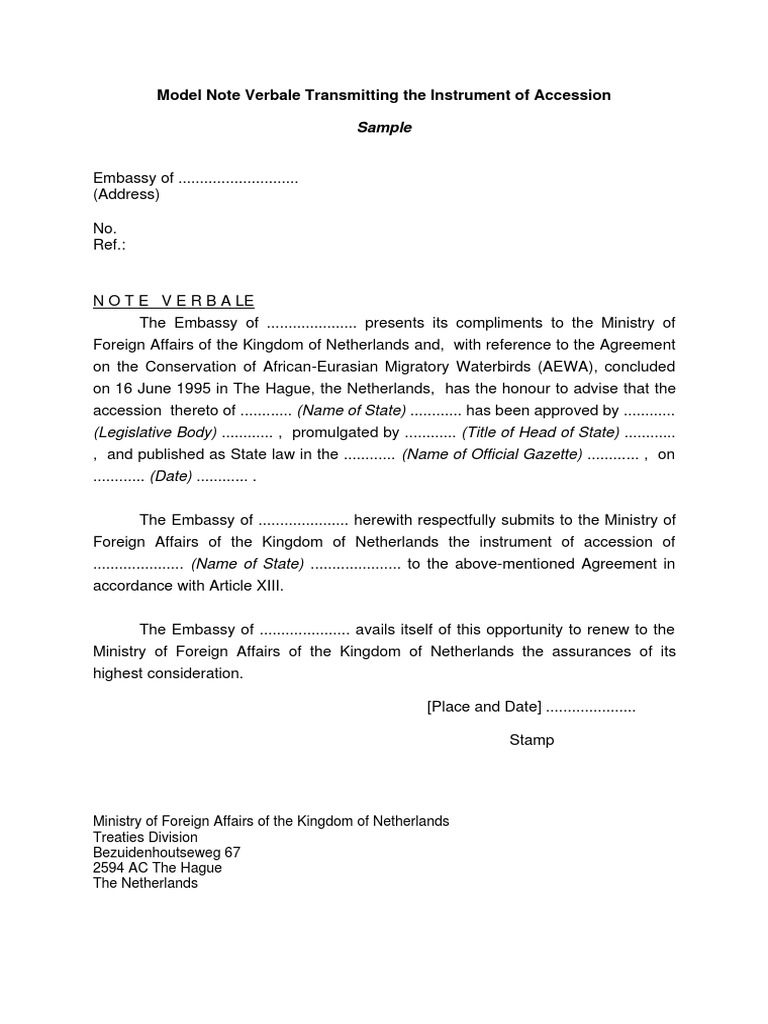 Model Note Verbale Transmitting The Instrument of Accession: Sample ...