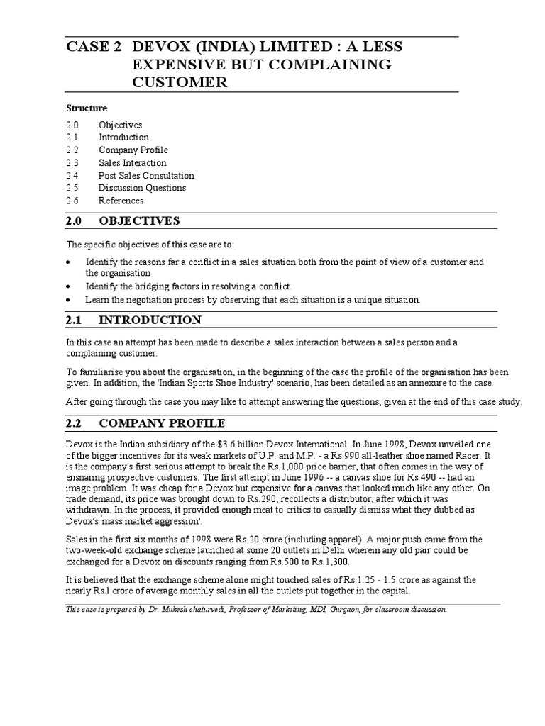 CASE 2 Devox (India) Limited A Less Expensive But Complaining Customer PDF | PDF | Adidas | Shoe