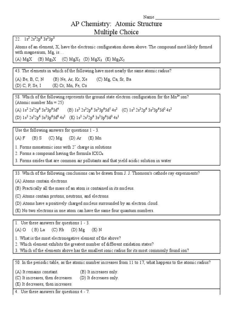 Atomic Structure (AP MC) | PDF | Atoms | Ion