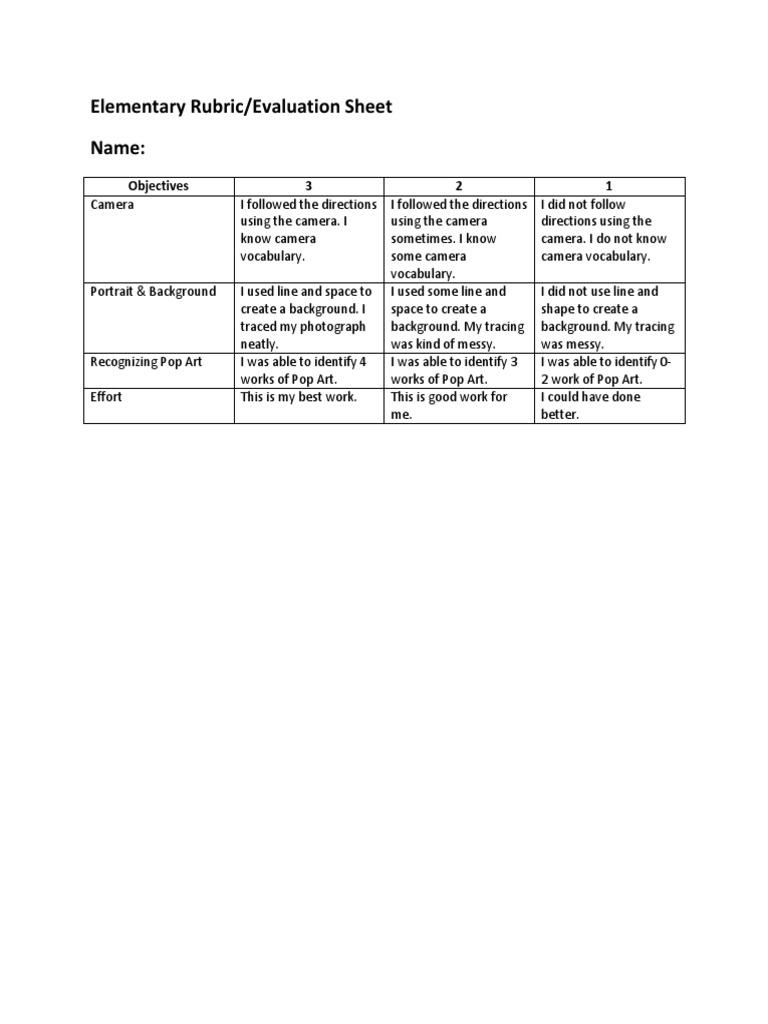 Elementary Photography Evaluation Rubric | PDF | Home & Garden | Art