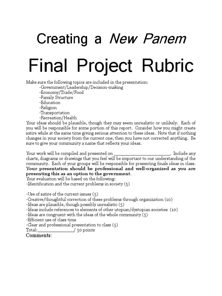 Creating A New Panem Final Project Rubric | PDF