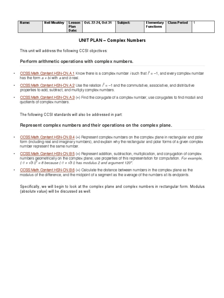 10 21 Unit Plan - Complex Numbers | PDF | Complex Number | Exponentiation