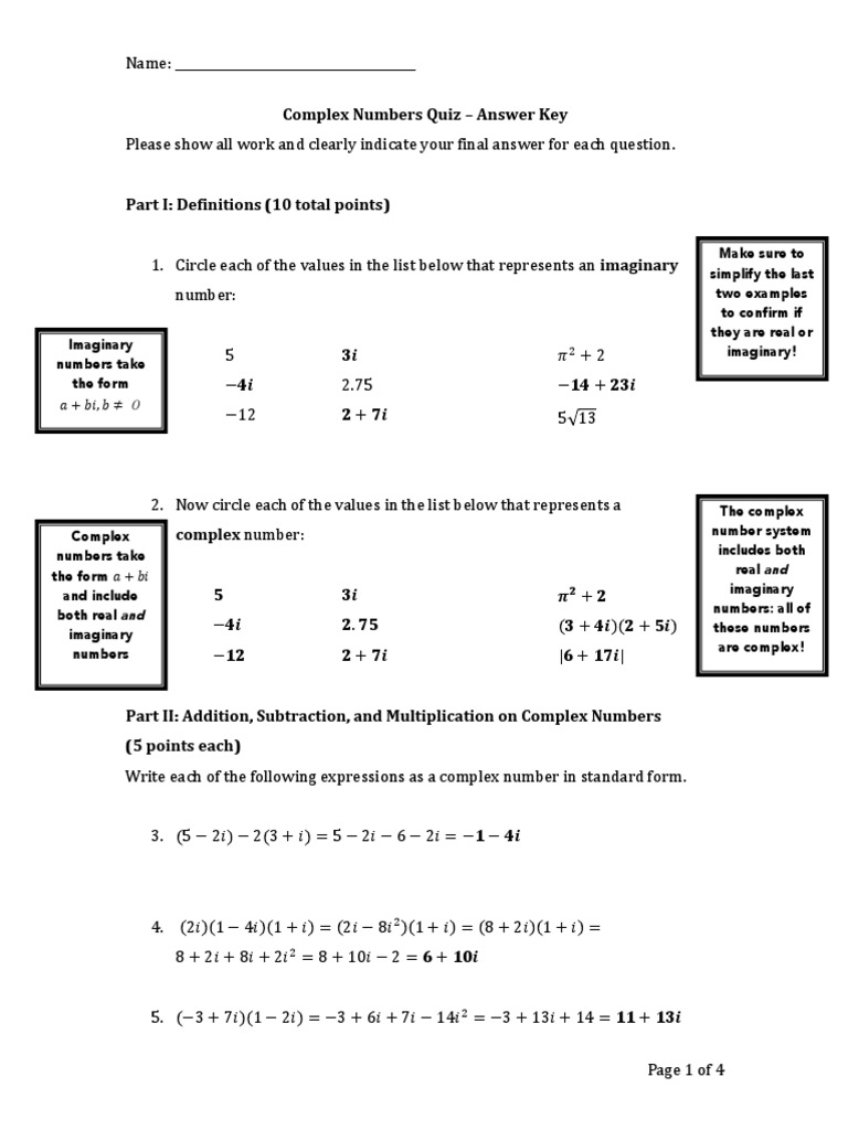 Complex Numbers Answer Key | PDF | Complex Number | Numbers