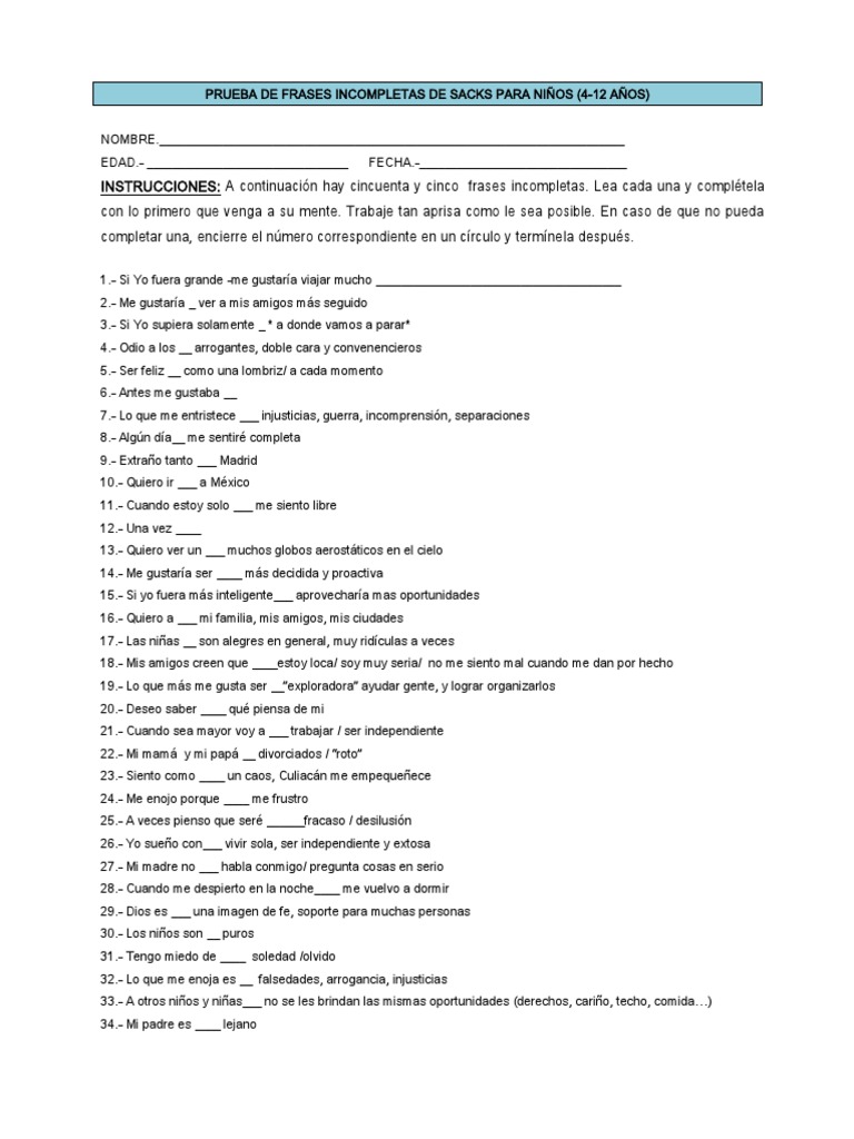 Frases Incompletas de Sacks - Niños | PDF | Ocio