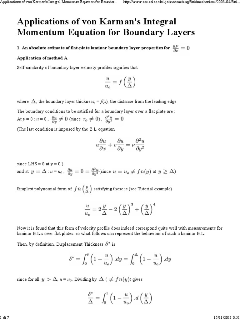 Applications of Von Karman's Integral Momentum Equation For Boundary Layers | PDF | Boundary ...