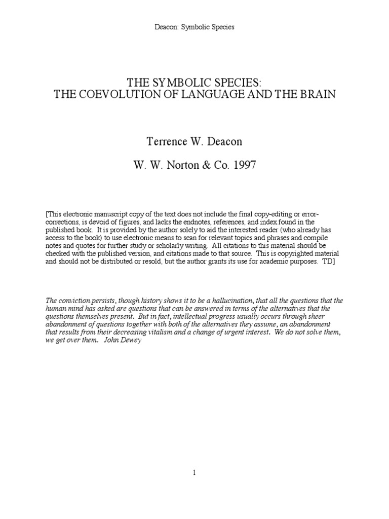 Terrence W Deacon - Symbolic Species | PDF | Evolution | Brain
