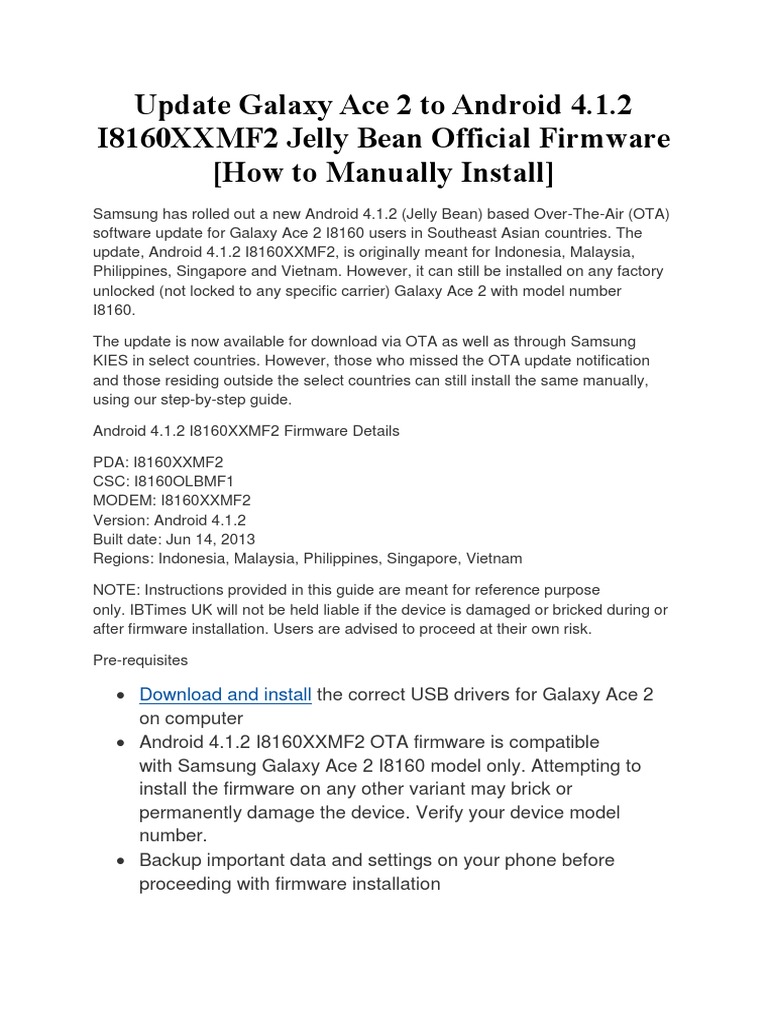 Update Galaxy Ace 2 To Android 4 1 2 Pdf Android Operating System