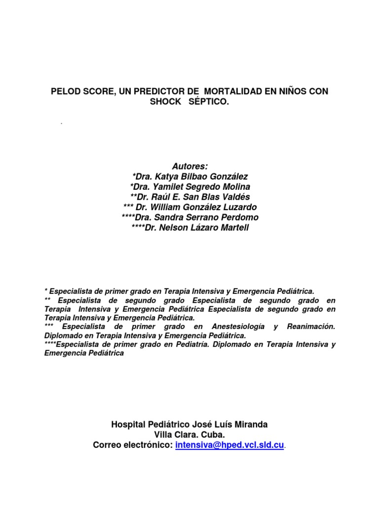 Pelod Score: Un Predictor de Mortalidad en Niños Con Shock Séptico ...