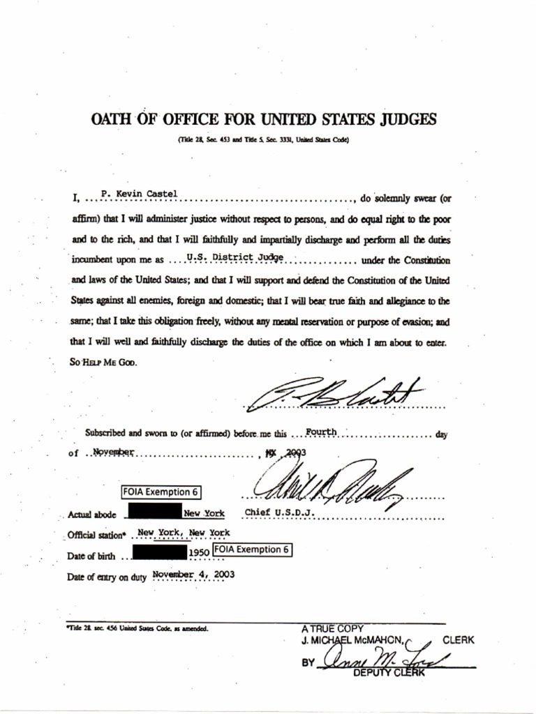 P. Kevin Castel's Oath of Office (November 4, 2003) | PDF