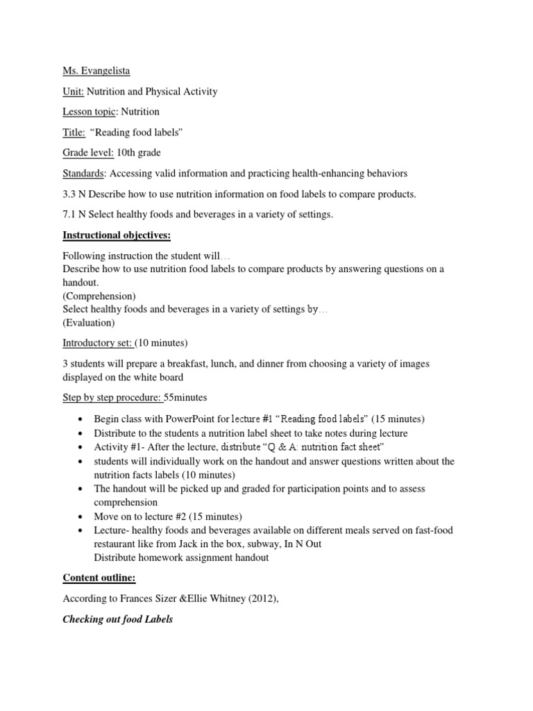 Lesson Plan Nutrition | PDF | Nutrition Facts Label | Food Energy