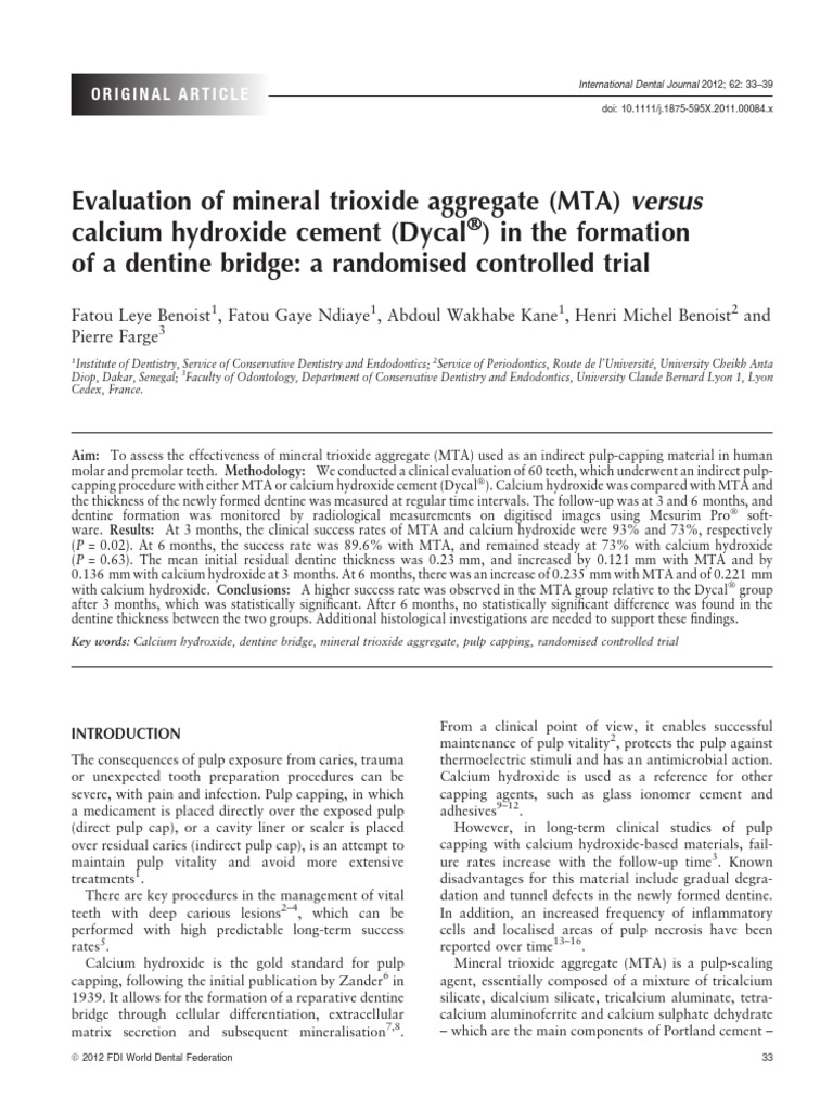 Evaluation MTA and CaOH in Formation of Dentinal Bridge PDF | PDF ...