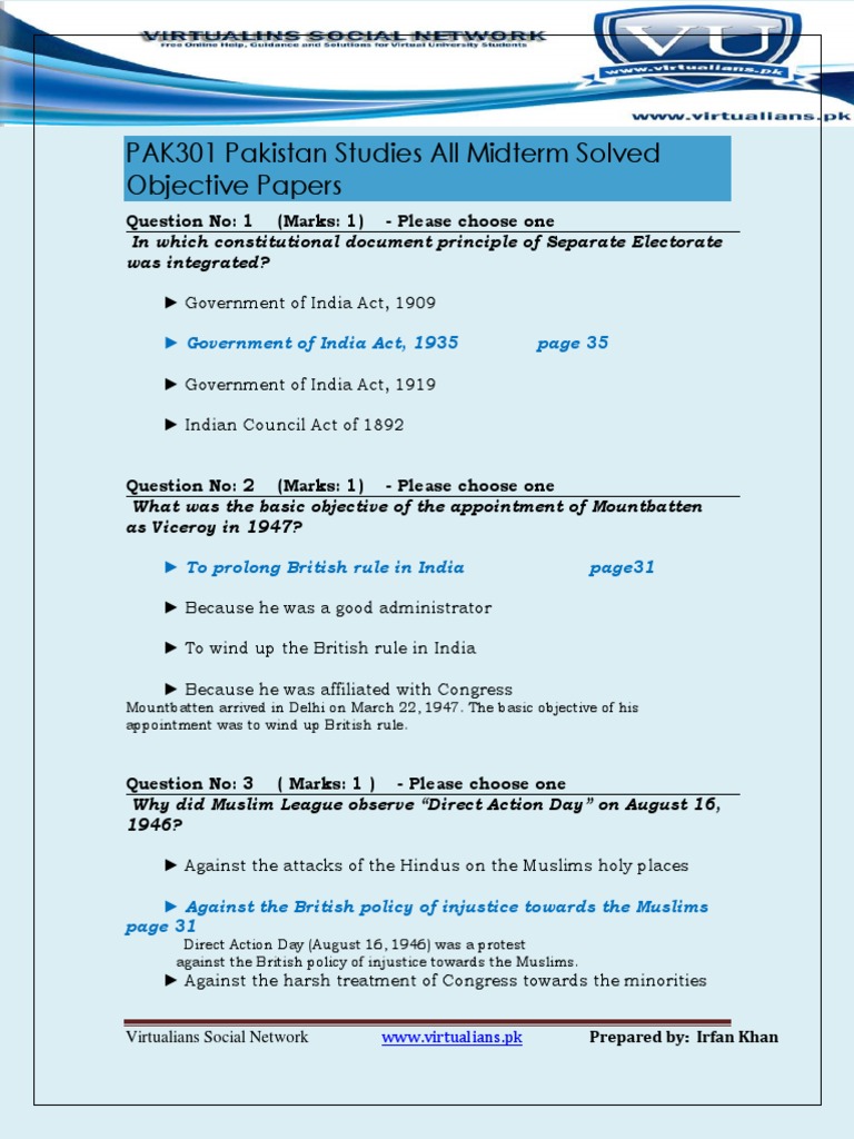 PAK301 Pakistan Studies All Midterm Solved Objective Papers PDF | PDF ... PAK301 Pakistan Studies All Midterm Solved Objective Papers PDF | PDF ...