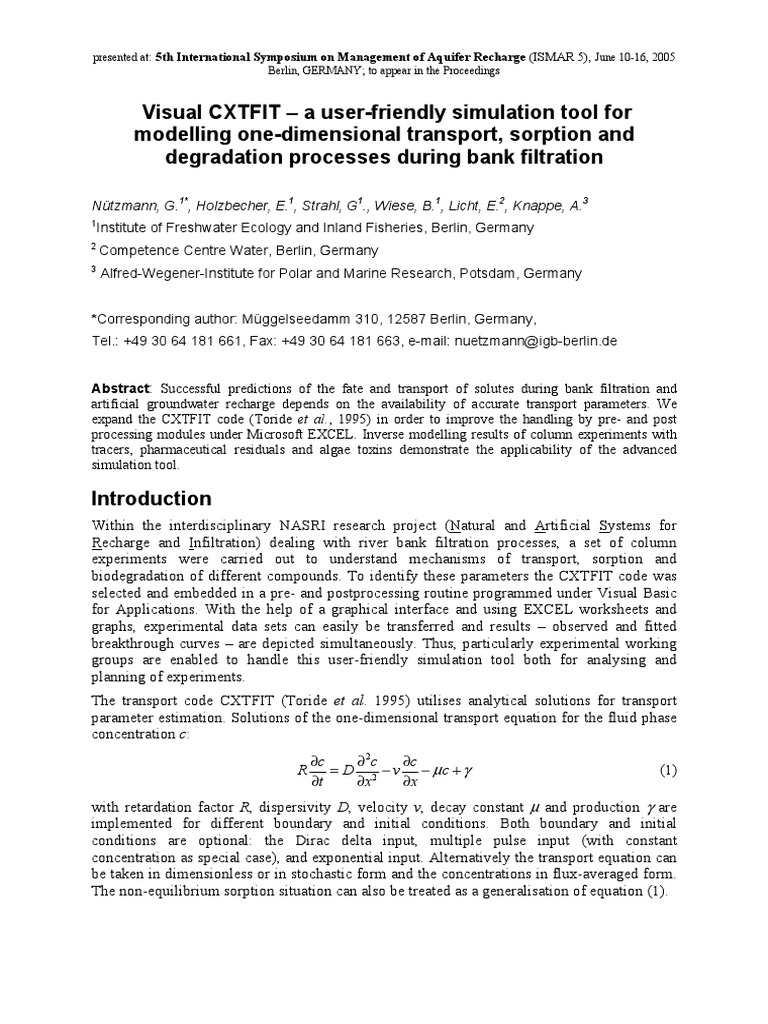 Visual CXTFIT – A User-Friendly Simulation Tool for Modelling One ...