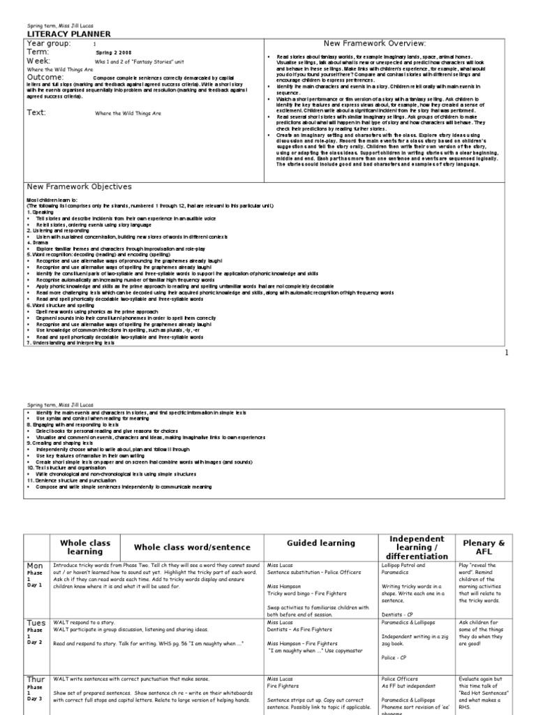 Where The Wild Things Are 2 Wks Plan | PDF | Phonics | Reading (Process)