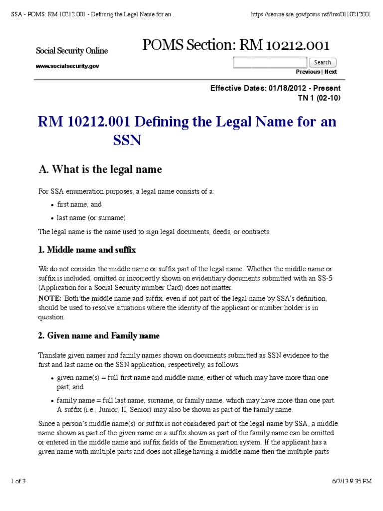 SSA - POMS: RM 10212.001 - Defining The Legal Name For An SSN - 01:18:2012 PDF | PDF | Social ...