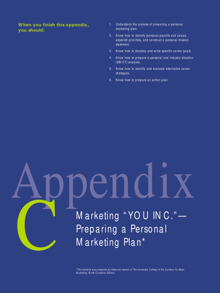 Appendix: Marketing "YOU INC." - Preparing A Personal Marketing Plan ...