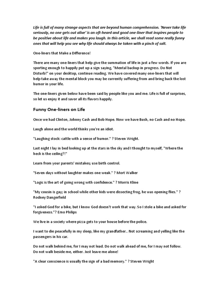 One Liners Combined PDF | PDF | Laughter