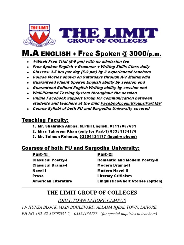The LIMIT College Lahore Begins Admissions in MA English Language ...