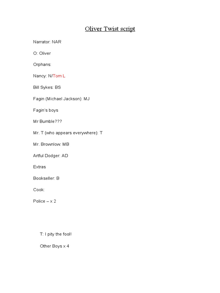 Oliver Twist Script | PDF | Nancy (Oliver Twist) | Oliver Twist