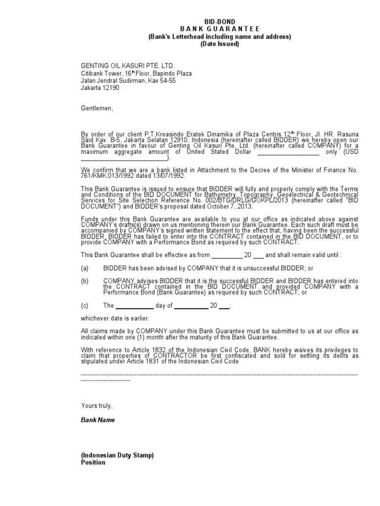 Bid Bond Bank Guarantee Template | PDF