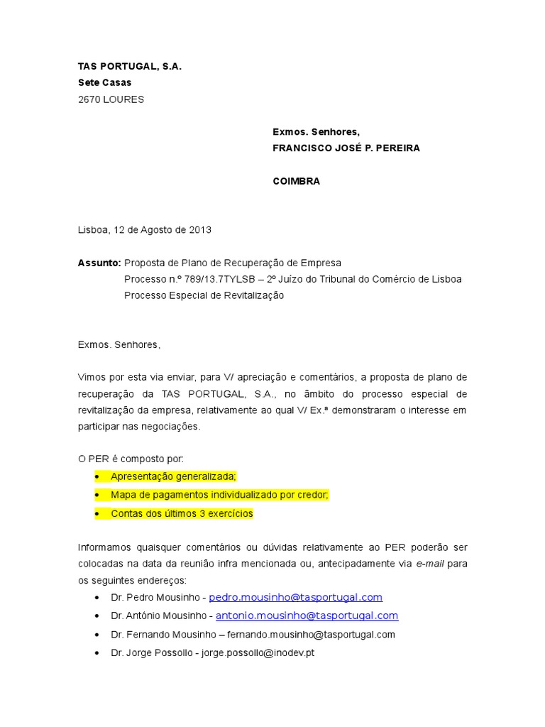 Minuta Carta Envio PER Aos Credores (2)