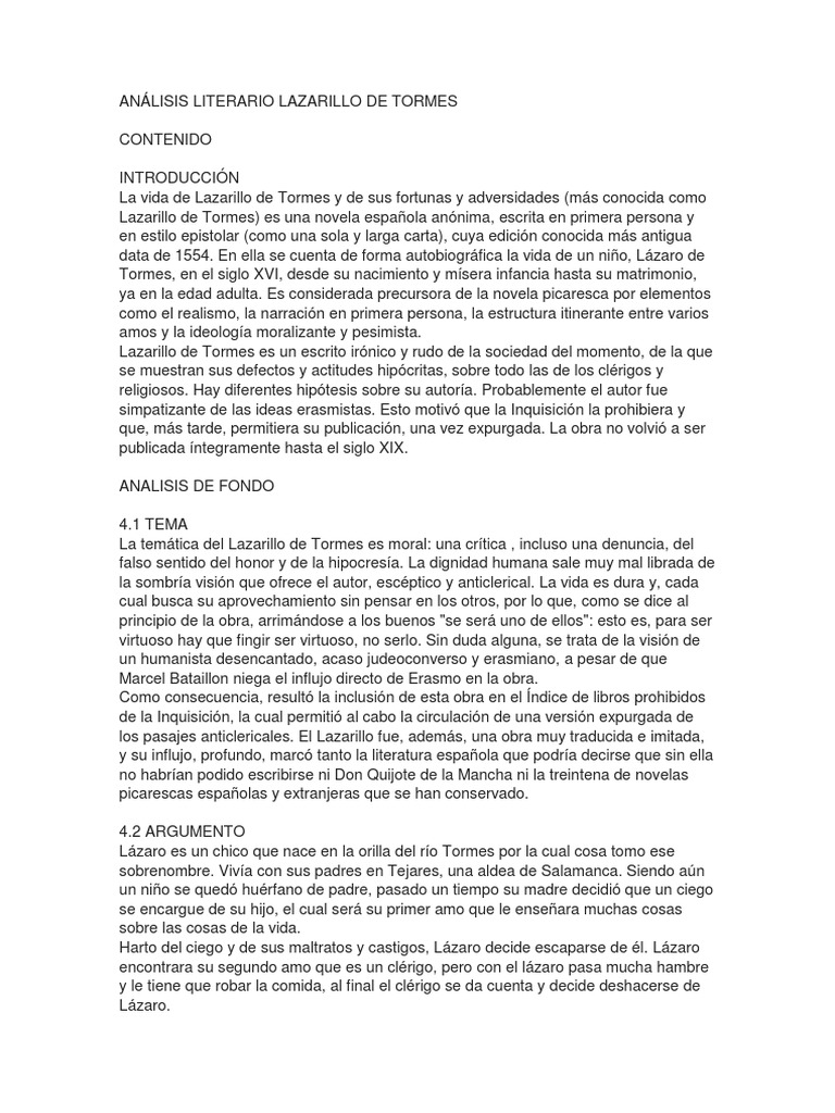 Análisis literario de Lazarillo de Tormes | PDF