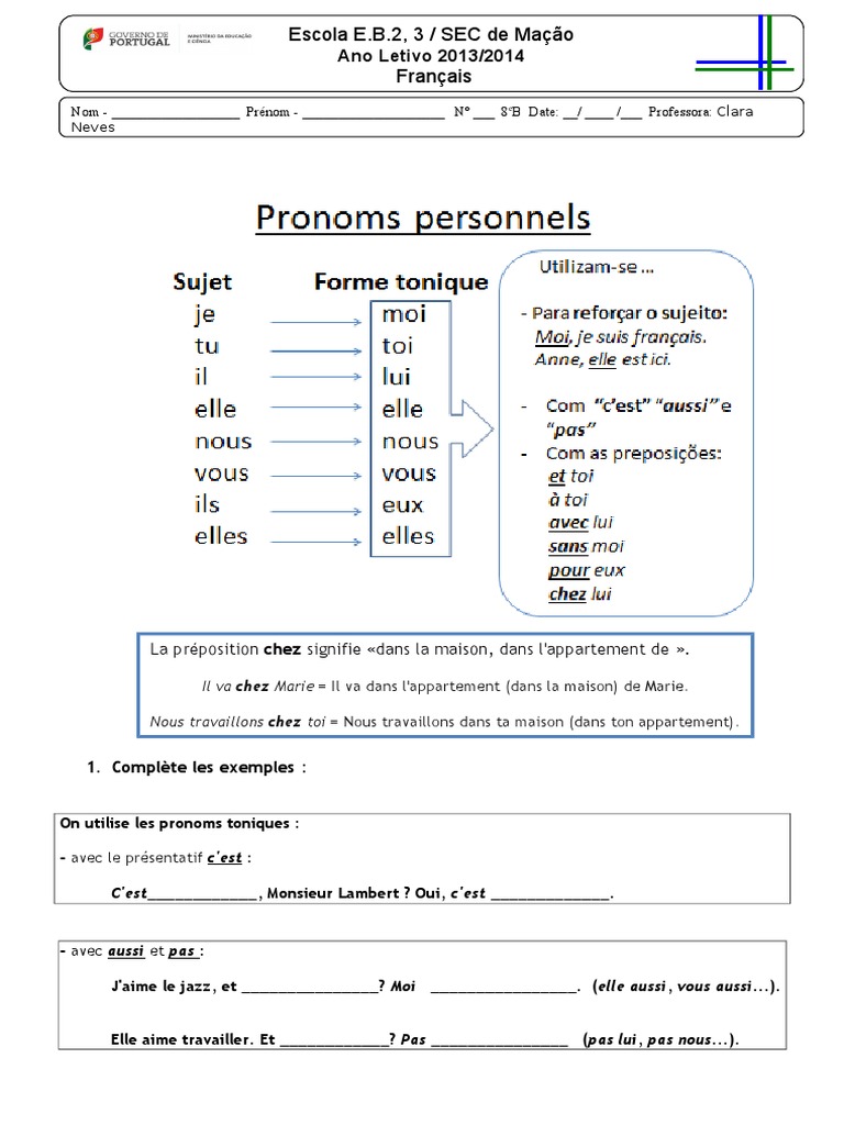 Pronoms Personnel Sujet Et Forme Tonique | PDF